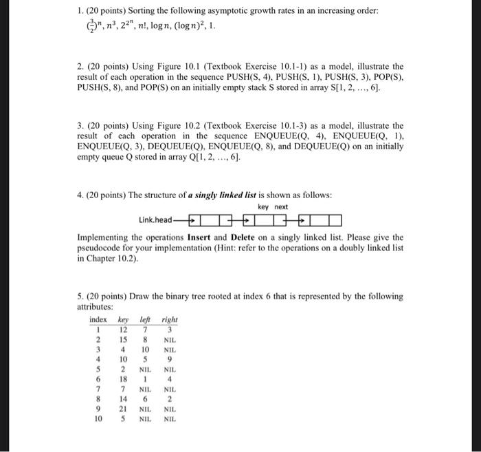 Solved 1. (20 points) Sorting the following asymptotic | Chegg.com
