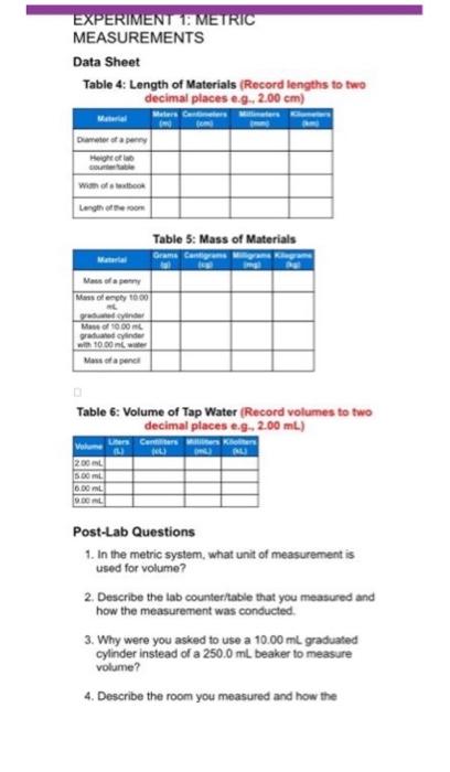 Solved EXPERIMENT 1: METRIC MEASUREMENTS Data Sheet Table 4: | Chegg.com