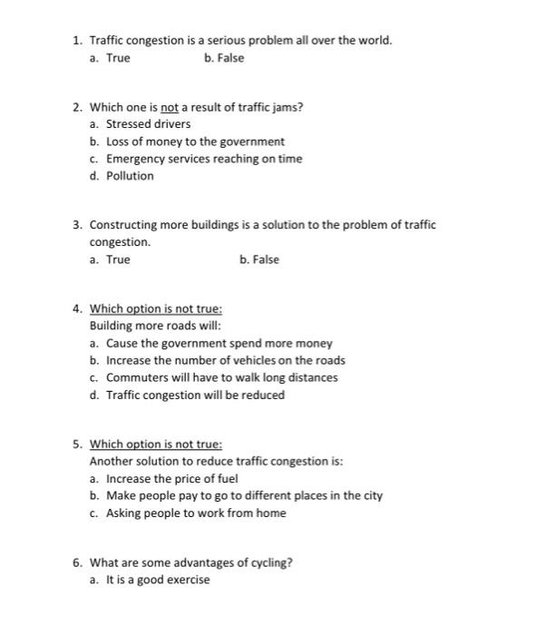Solved 1 Traffic congestion is a serious problem in cities 4 | Chegg.com