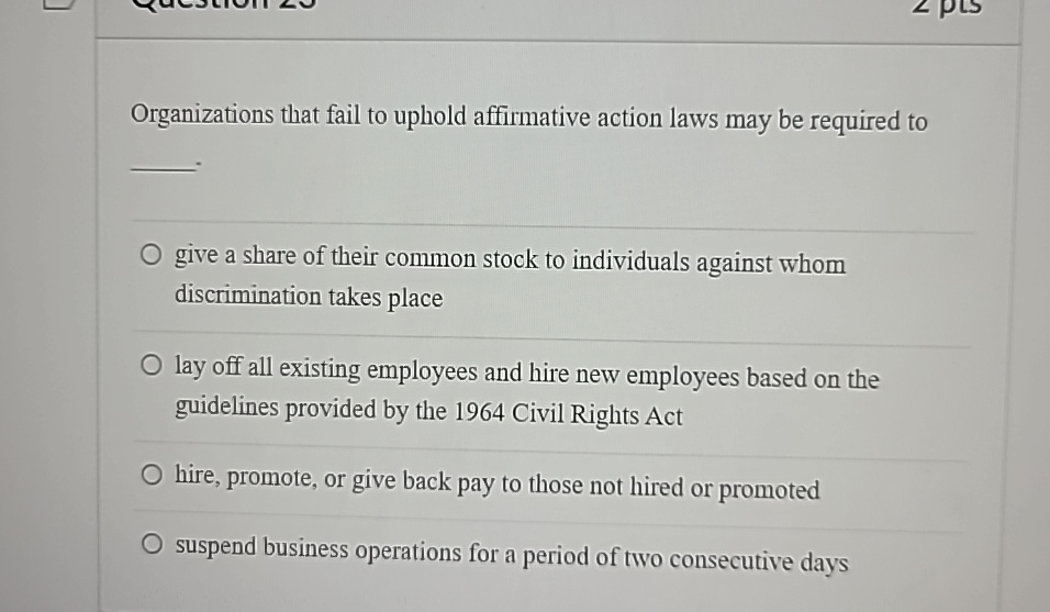 Solved Organizations that fail to uphold affirmative action | Chegg.com
