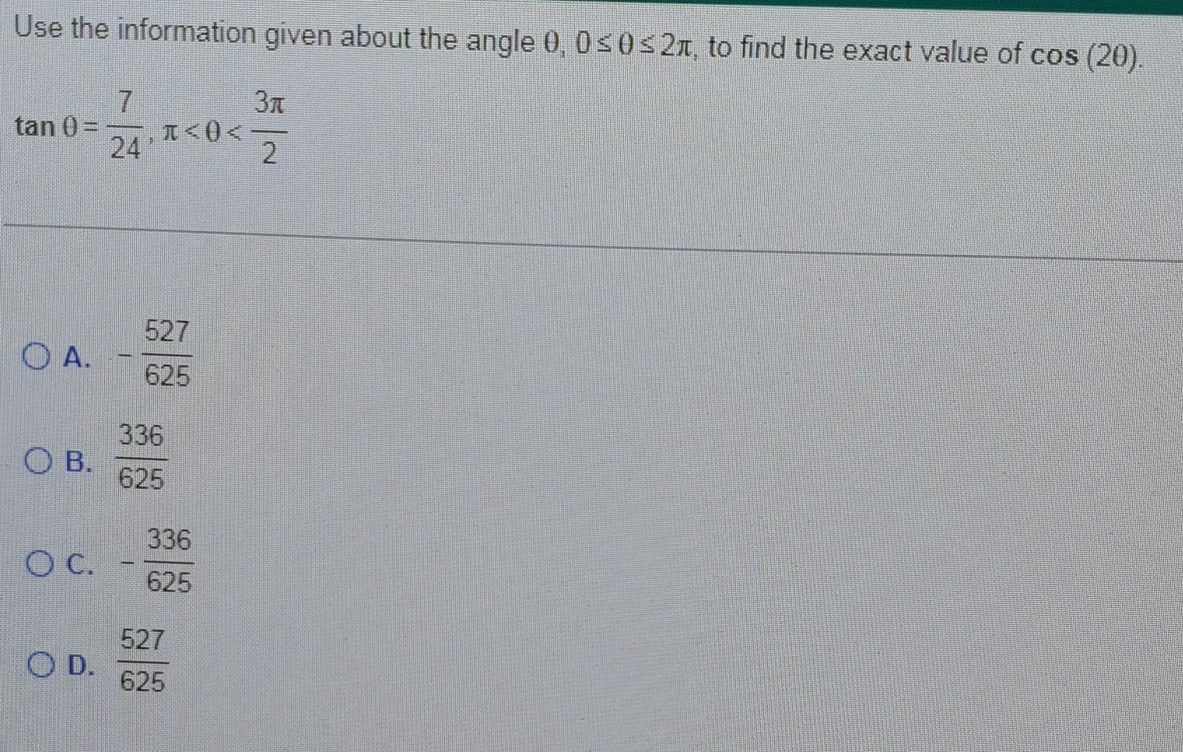 Solved Use the information given about the angle θ,0≤θ≤2π, | Chegg.com