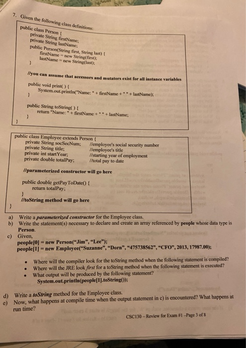 Solved 7 Given The Following Class Definitions Public 9100