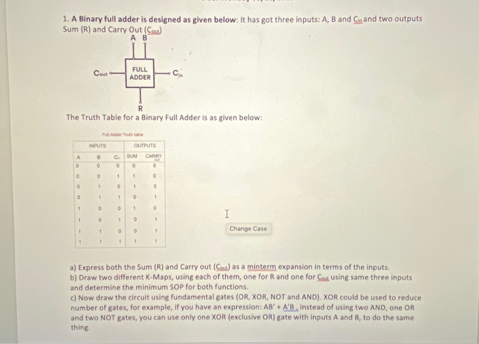 Solved 1. A Binary full adder is designed as given below: It | Chegg.com