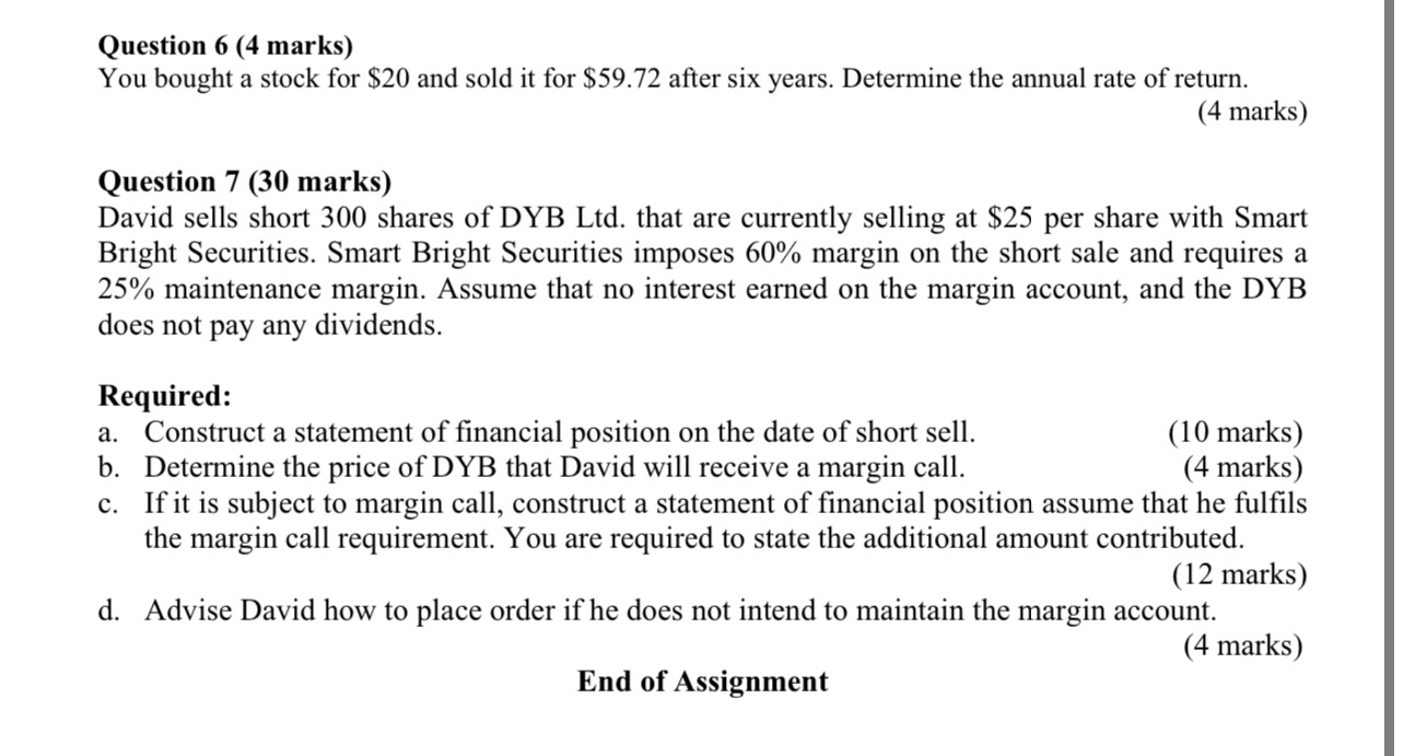 Solved Question 6 (4 ﻿marks)You bought a stock for $20 ﻿and | Chegg.com
