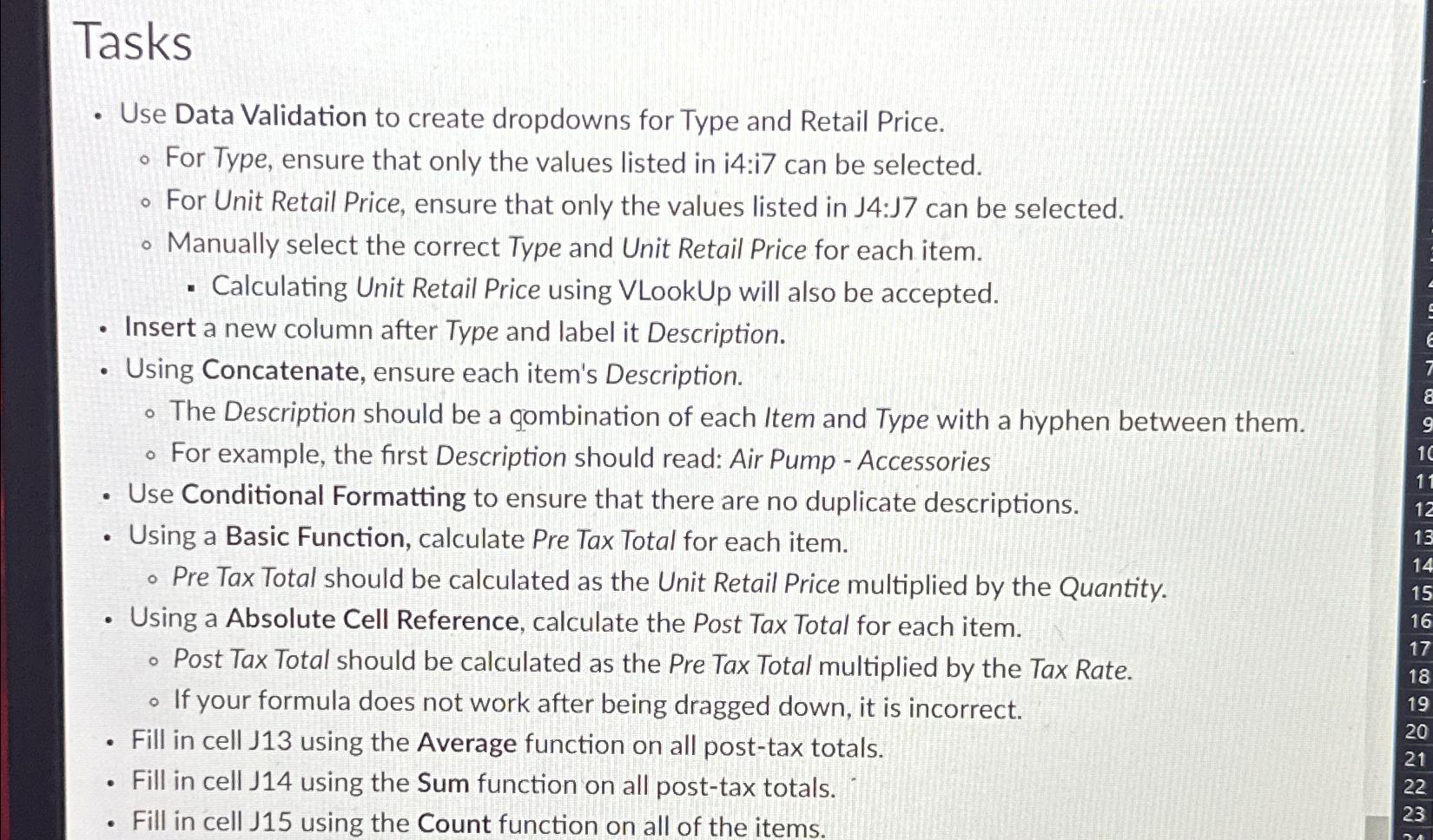Solved Tasksuse Data Validation To Create Dropdowns For Type