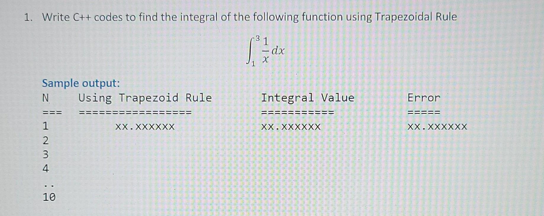 Solved 1. Write C++ codes to find the integral of the | Chegg.com