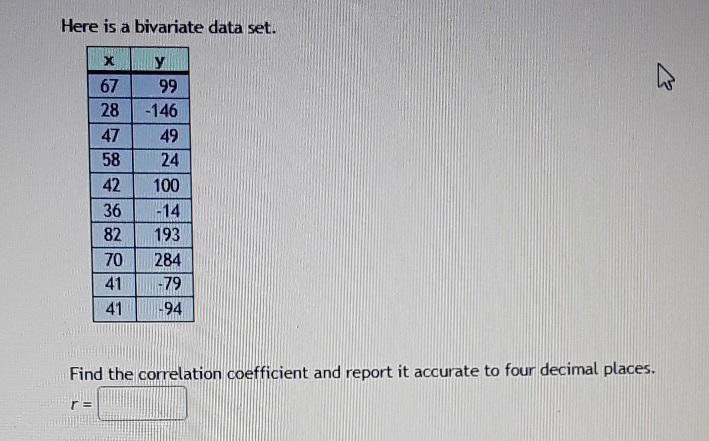 Solved Here is a bivariate data set. Find the correlation | Chegg.com