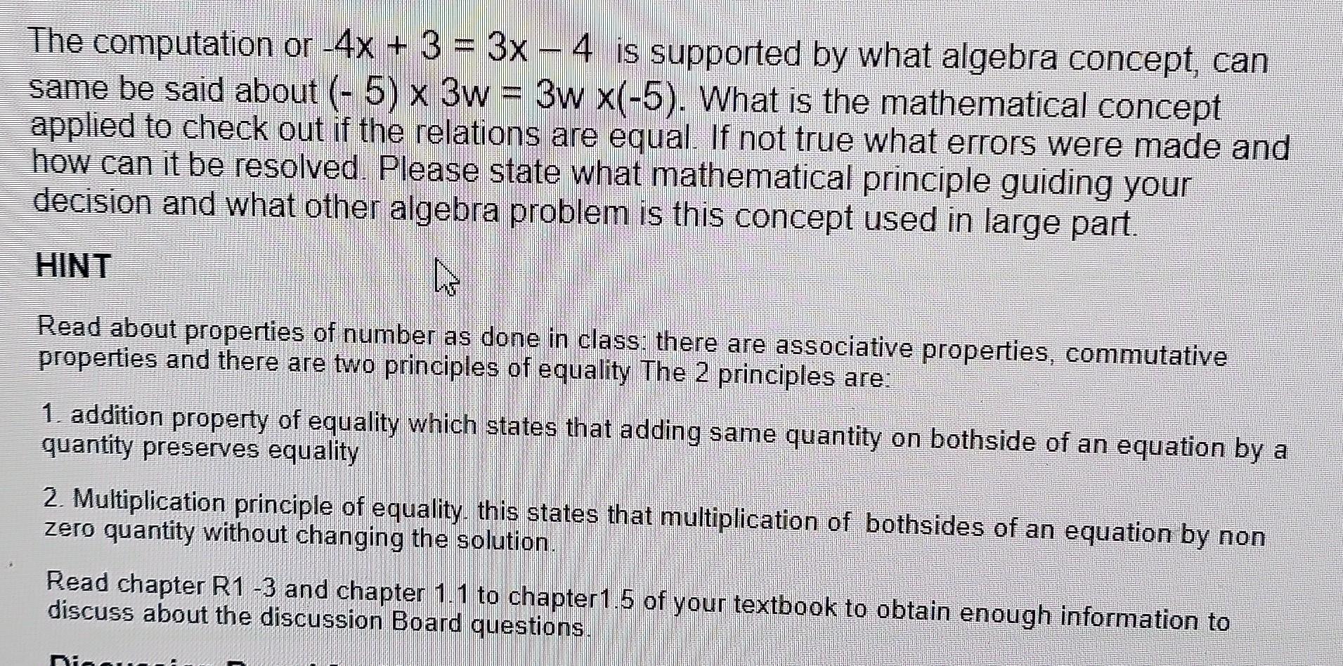 Solved The computation or −4x+3=3x−4 is supported by what | Chegg.com