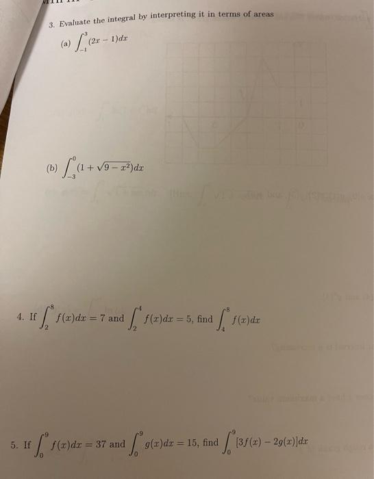 Solved (a) ∫−13(2x−1)dx (b) ∫−30(1+9−x2)dx 4. If ∫28f(x)dx=7 | Chegg.com