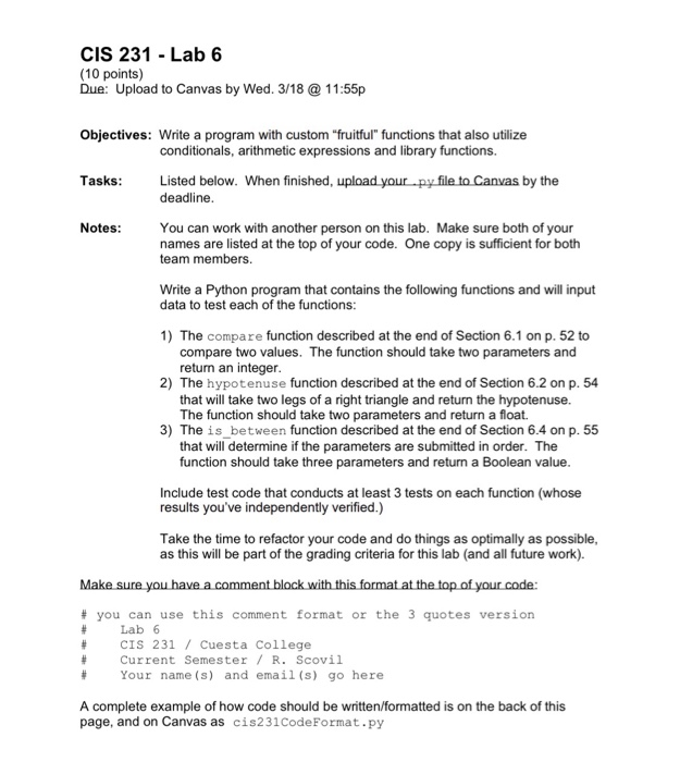Solved CIS 231 - Lab 6 (10 points) Due: Upload to Canvas by | Chegg.com