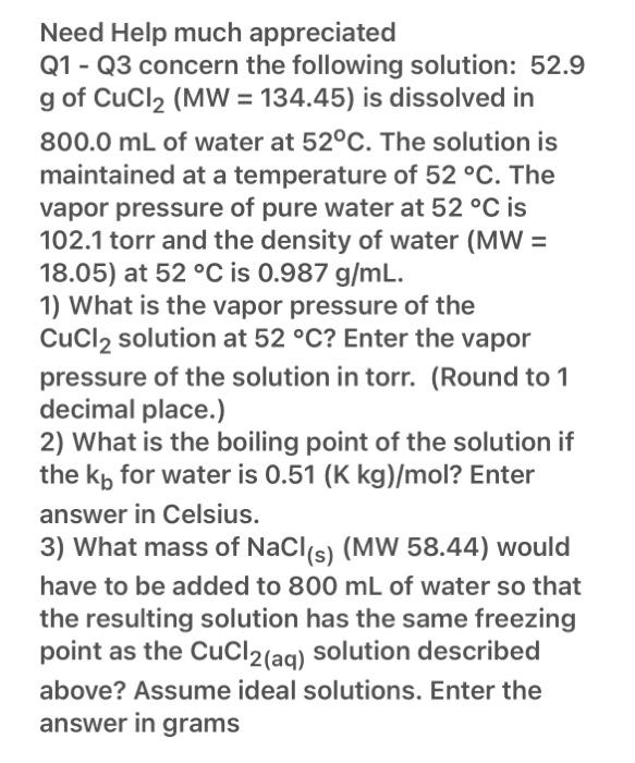 Solved g of CuCl2(MW=134.45) is dissolved in 800.0 mL of | Chegg.com