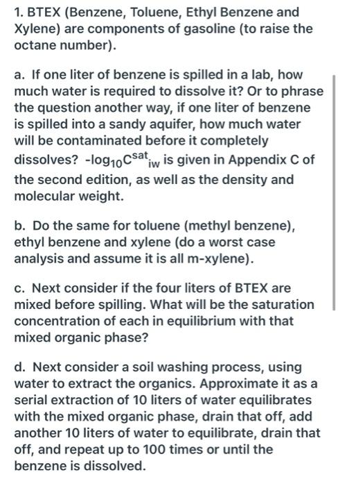 1. BTEX (Benzene, Toluene, Ethyl Benzene and Xylene) | Chegg.com