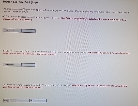 Solved Section Exercise 7.44 (Algo)The credit scores of | Chegg.com