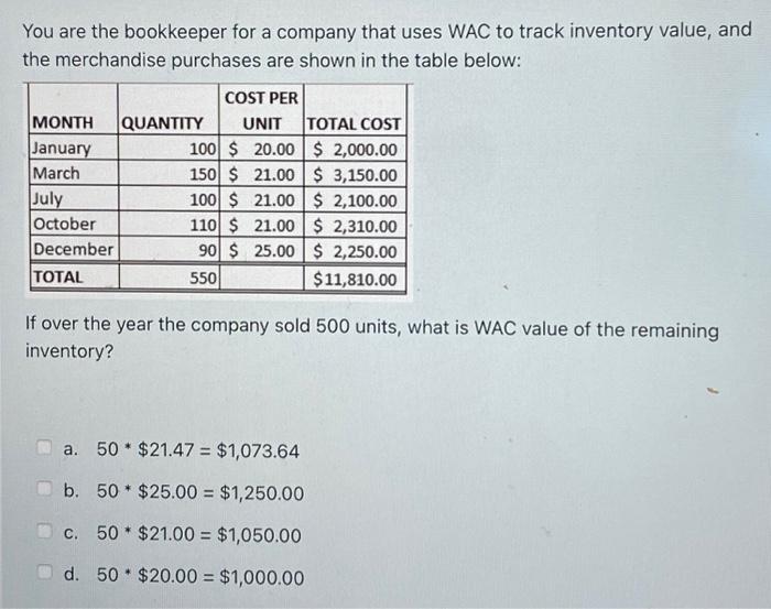 Solved You are the bookkeeper for a company that uses WAC to | Chegg.com