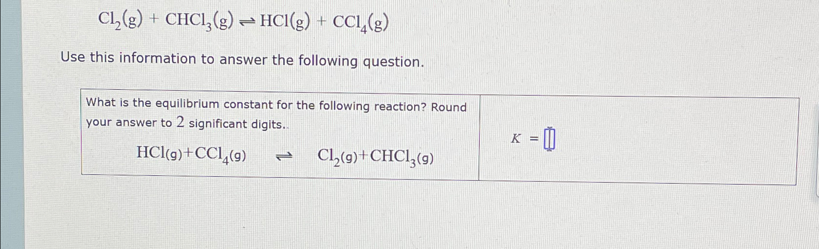 Cl2(g)+CHCl3(g)⇌HCl(g)+CCl4(g)Use this information to | Chegg.com