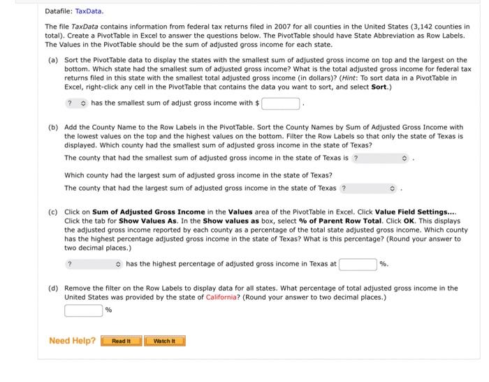 The file TaxData contains information from federal | Chegg.com
