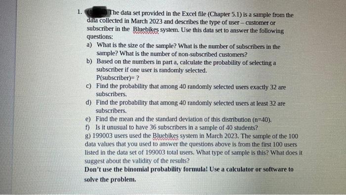 Solved 1. The data set provided in the Excel file (Chapter | Chegg.com