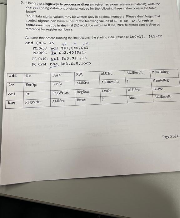 5. Using the single-cycle processor diagram (given as | Chegg.com