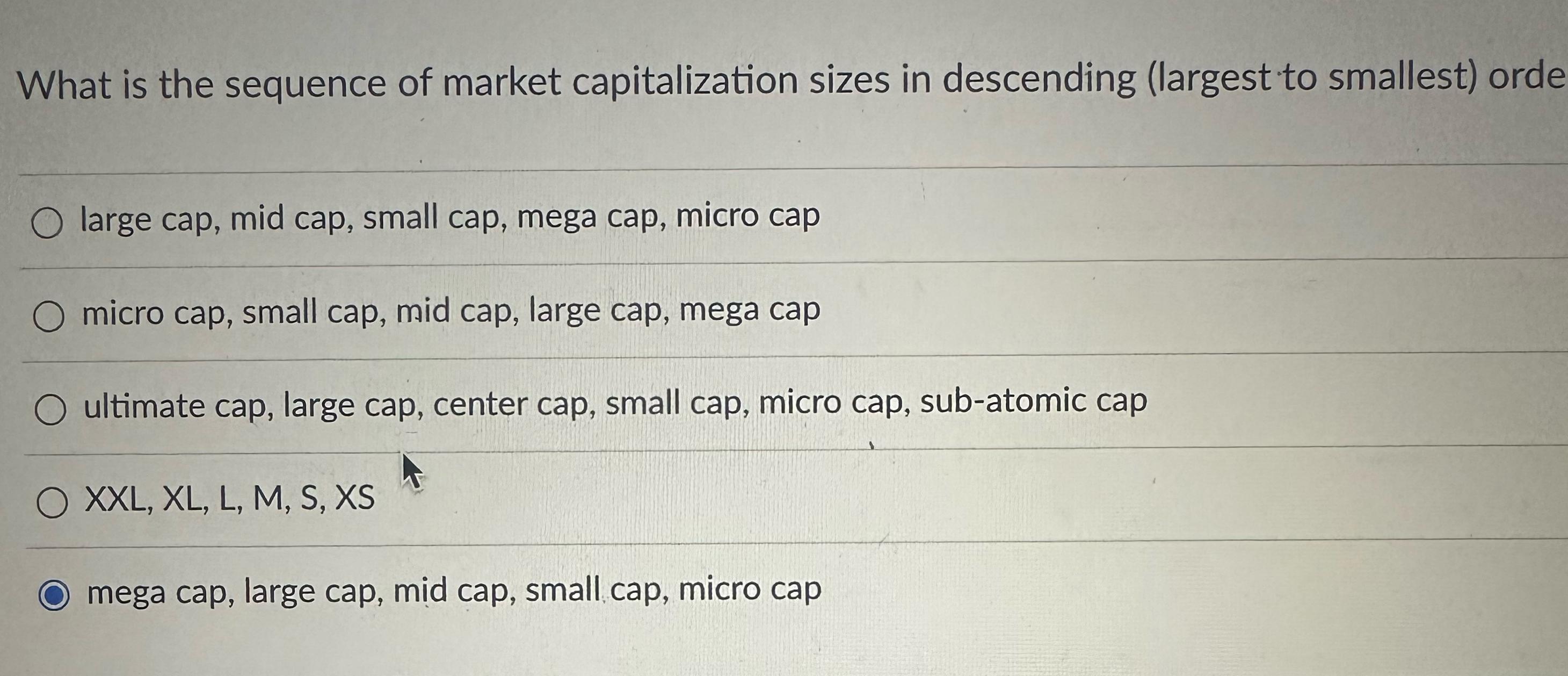 Solved What is the sequence of market capitalization sizes | Chegg.com