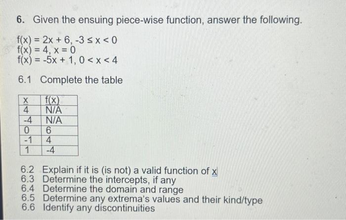 6. Given the ensuing piece-wise function, answer the | Chegg.com
