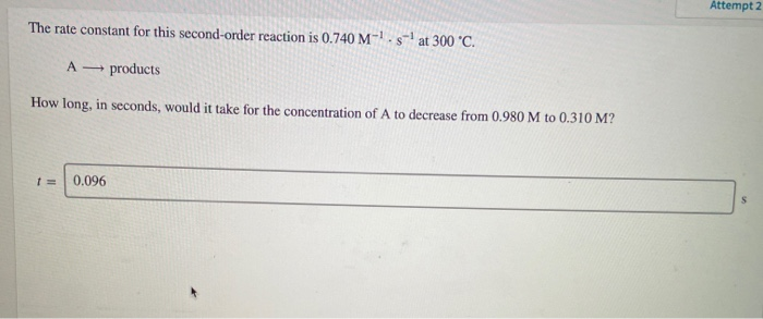Solved Attempt2 The rate constant for this second-order | Chegg.com