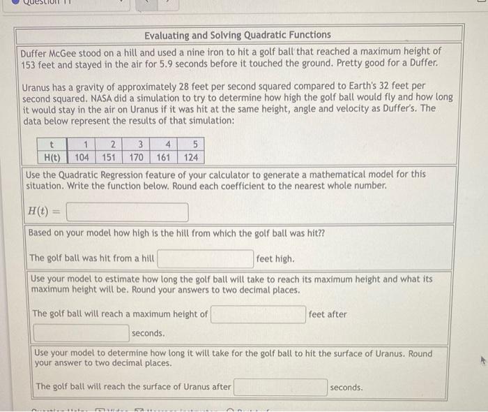 Solved ] Evaluating and Solving Quadratic Functions Duffer | Chegg.com