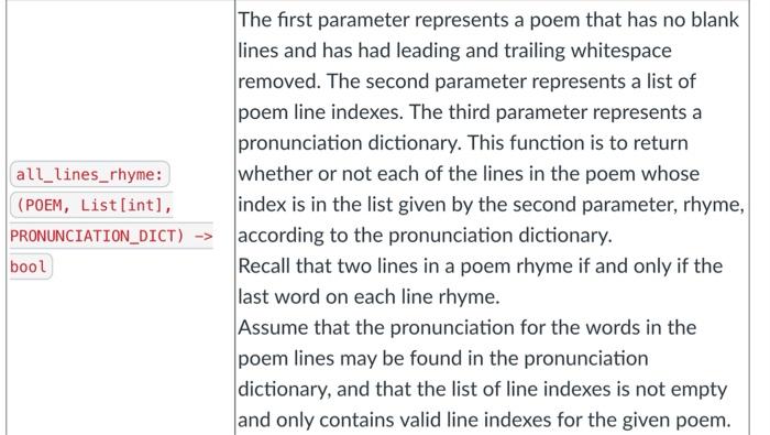 Solved .. def all lines_rhyme (poem_lines: POEM, | Chegg.com