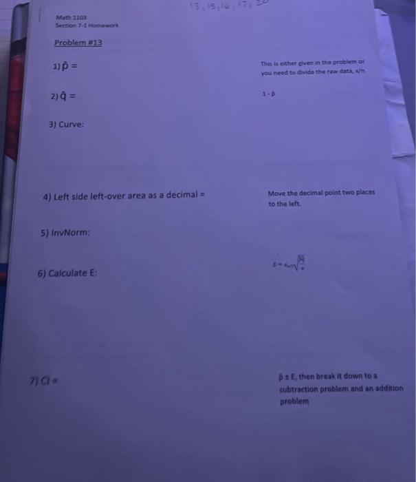 Math 1103 Section 7-1 Homework Problem #13 1) p = 70 | Chegg.com