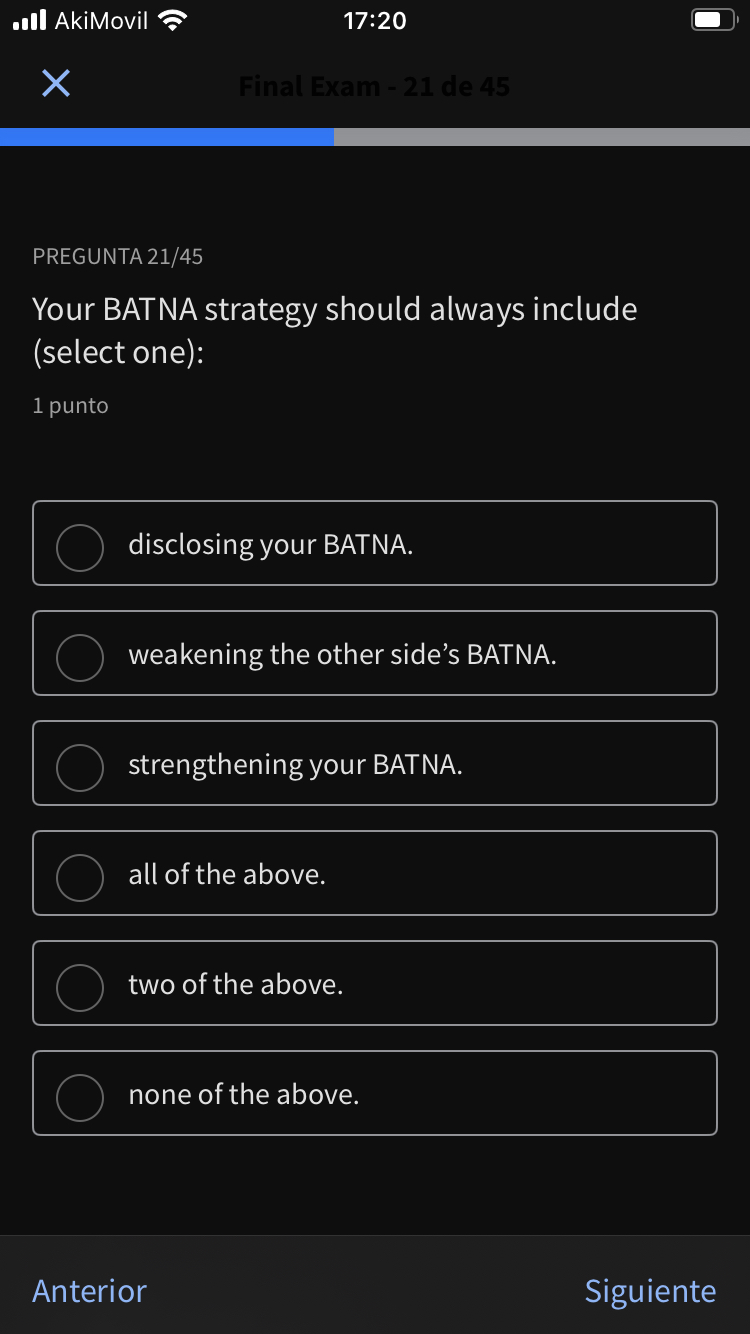 Solved الاه ﻿AkiMovil17:20PREGUNTA 21/45Your BATNA strategy | Chegg.com