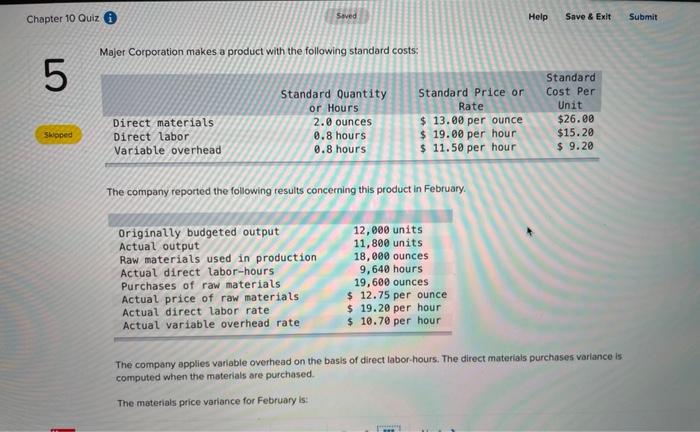 Solved Chapter 10 Quiz 0 Swed Help Save & Exit Submit Majer | Chegg.com