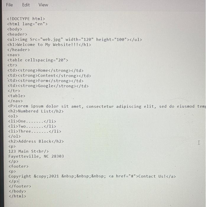 Solved File Edit ViewMissing head tag pair. Missing meta | Chegg.com