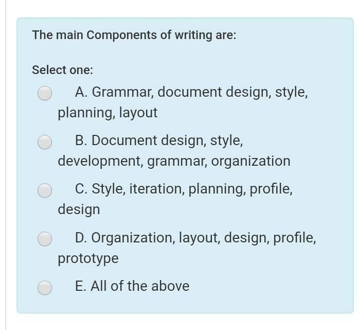 Solved The main Components of writing are: Select one: A. | Chegg.com