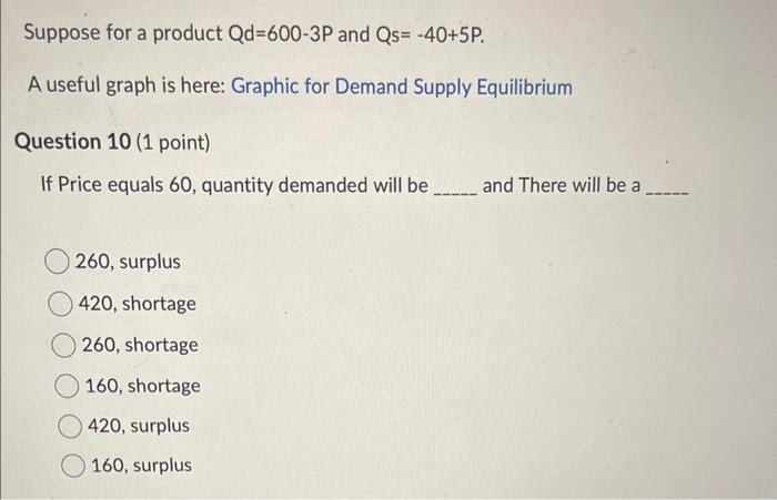 Solved Suppose for a product Qd=600−3P and Qs=−40+5P. A | Chegg.com