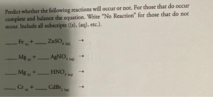 Solved Predict whether the following reactions will occur or | Chegg.com