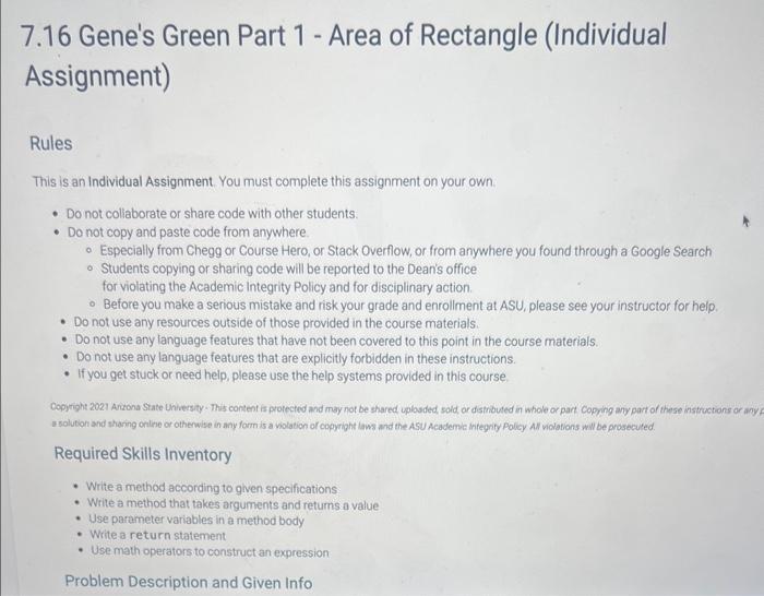 Solved 7.16 Gene's Green Part 1 - Area of Rectangle | Chegg.com