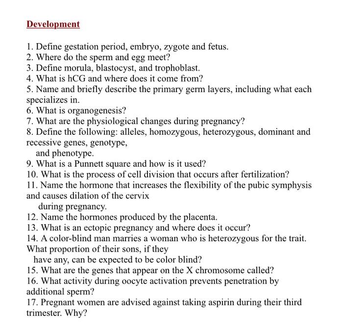 Solved Development 1. Define gestation period, embryo, | Chegg.com