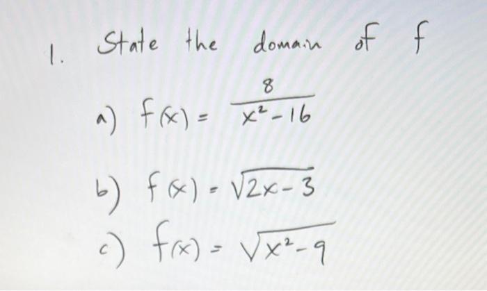 Solved State the domain of f a) f(x)=x2−168 b) f(x)=2x−3 c) | Chegg.com
