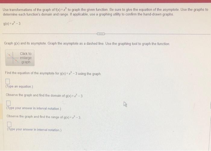Solved Use transformations of the graph of f(x)=ex to graph | Chegg.com