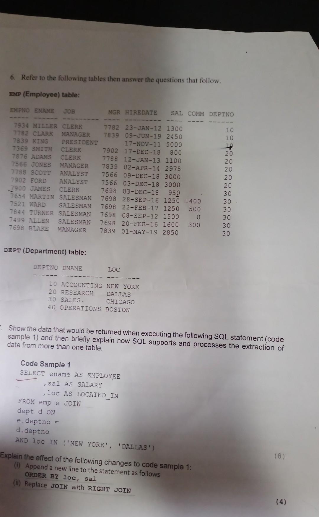 Solved 6. Refer to the following tables then answer the | Chegg.com