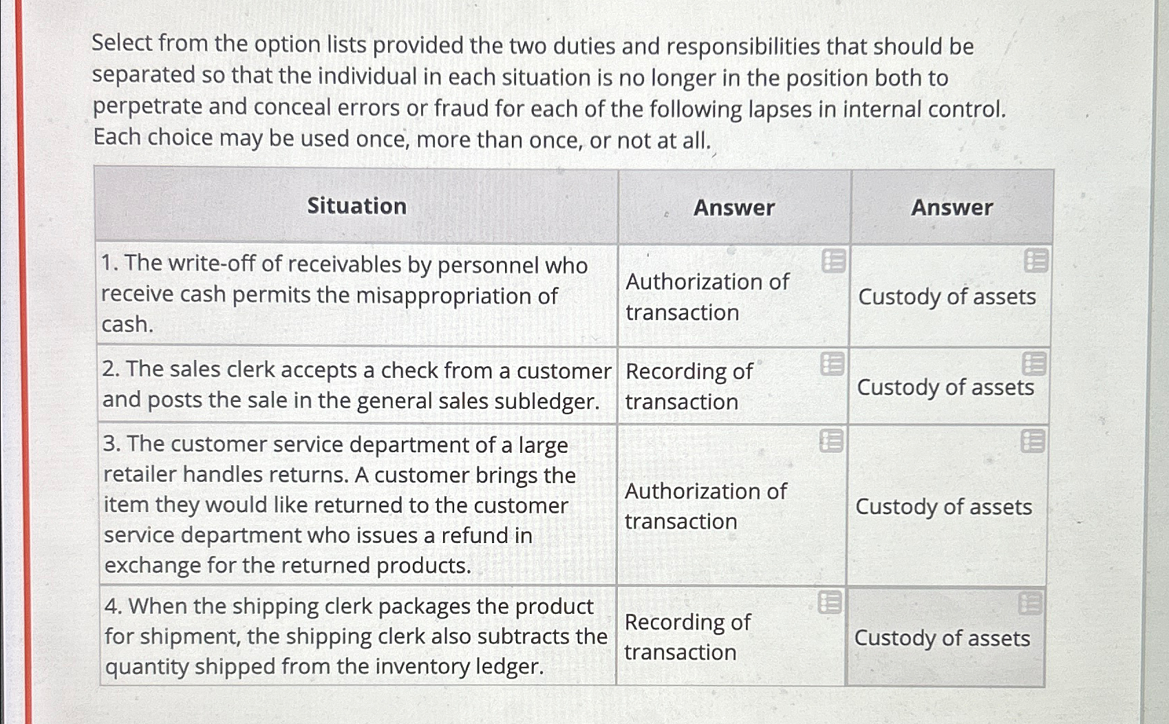 Select from the option lists provided the two duties | Chegg.com
