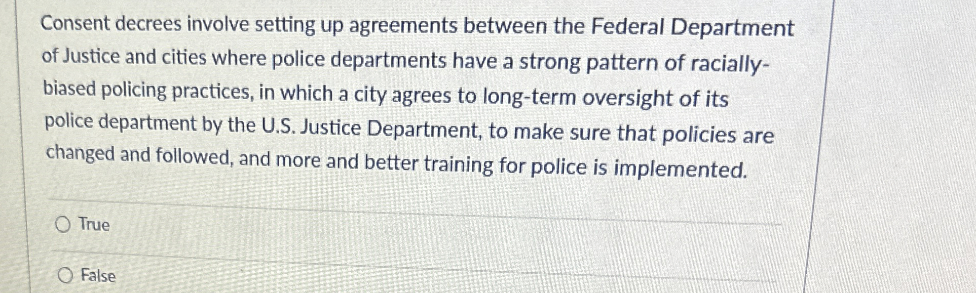 Solved Consent decrees involve setting up agreements between | Chegg.com
