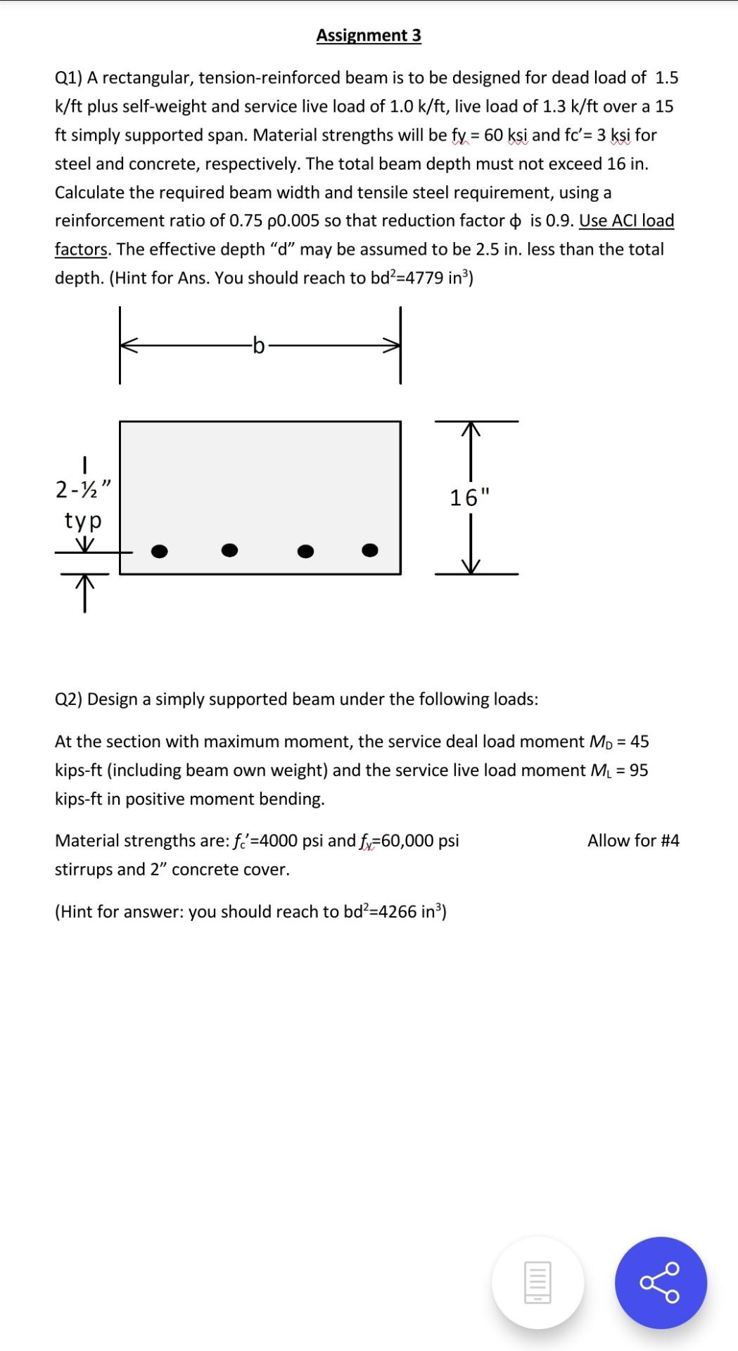 Solved Q1) A rectangular, tension-reinforced beam is to be | Chegg.com