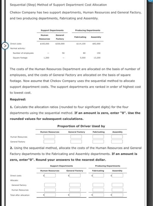 Solved Sequential (Step) Method of Support Department Cost | Chegg.com
