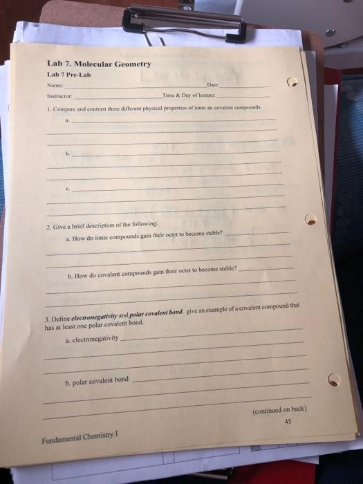 Solved Lab 7. Molecular Geometry Lab 7 Pre-Lab Name: | Chegg.com
