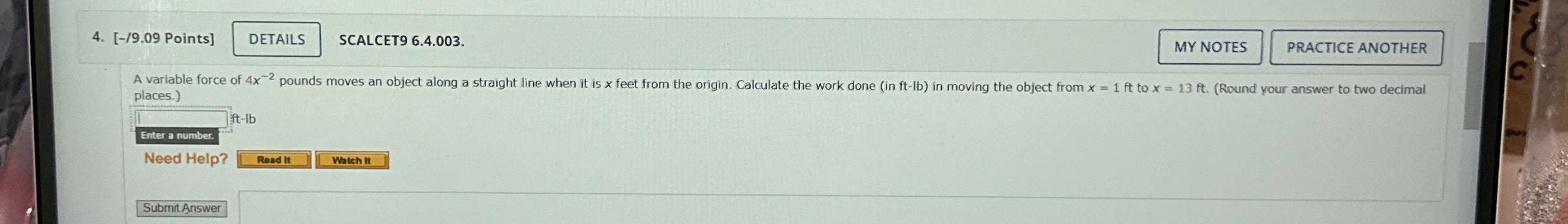 Solved A variable force of 4x-2 ﻿pounds moves an object | Chegg.com