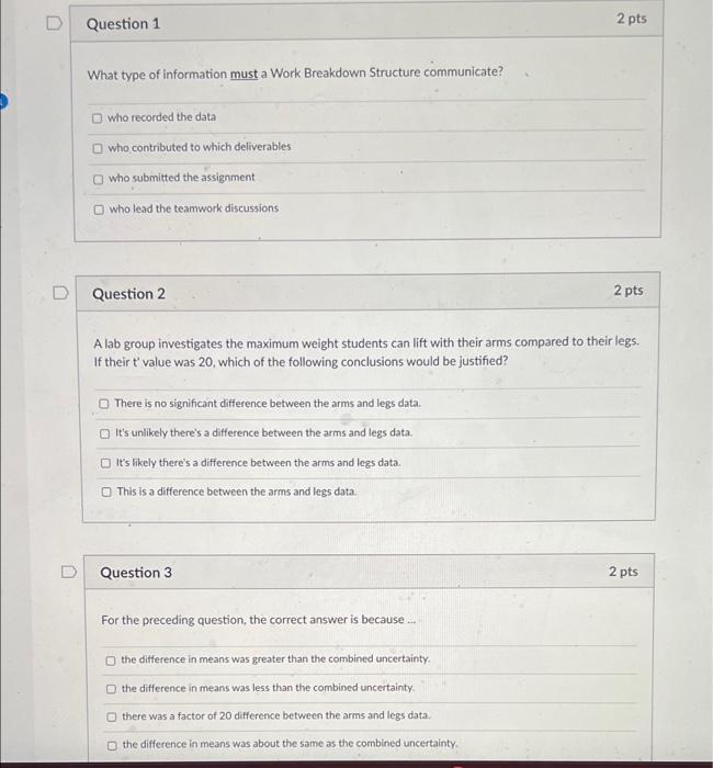 Solved Question 1 2 pts What type of information must a Work | Chegg.com