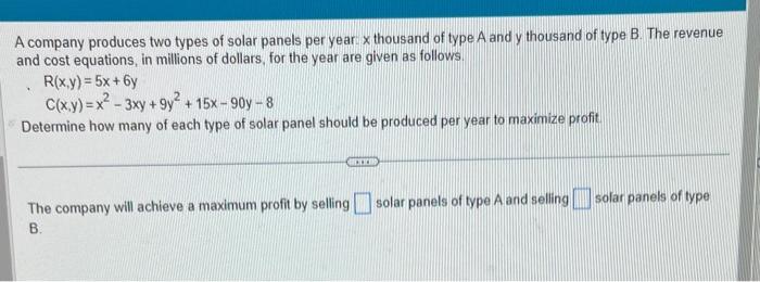 Solved A company produces two types of solar panels per year | Chegg.com