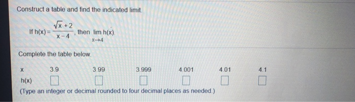 Solved Construct a table and find the indicated limit √x+2 | Chegg.com