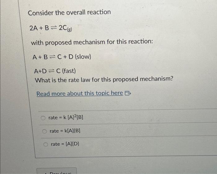 Solved Consider the overall reaction 2A+B⇌2C(g) with | Chegg.com