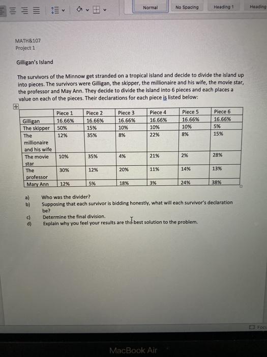 Solved Normal No Spacing Heading 1 Heading MATH8 107 Project | Chegg.com